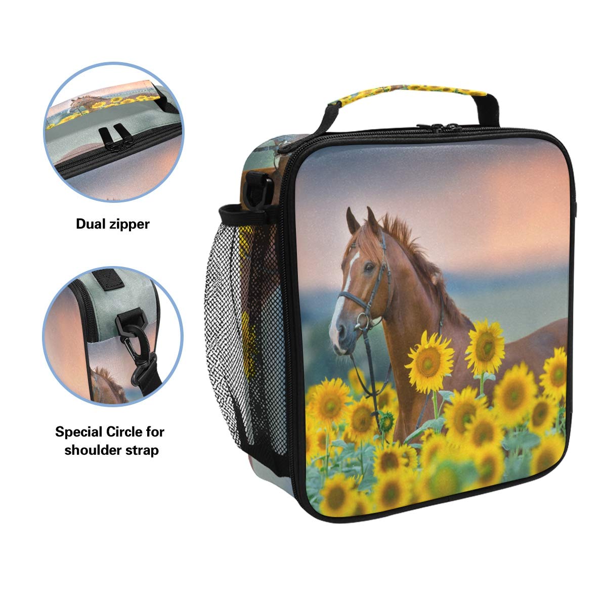 Sunflower Horse Lunch Box for Girls, Insulated Lunch Bag Kids Cooler Freezable Shoulder Strap for School Office