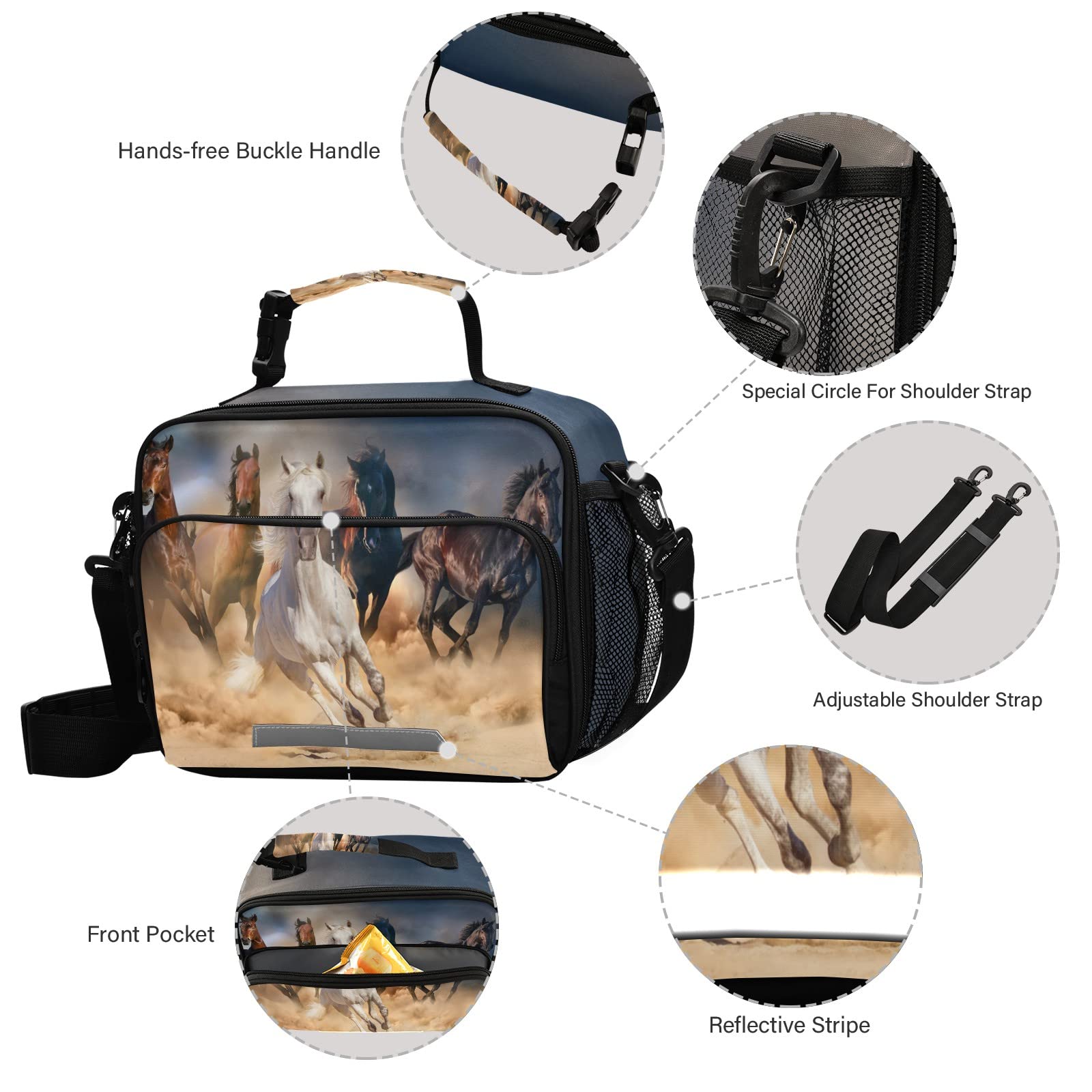 Horse Lunch Box Insulated Lunch Bags Horses for Girls Boys Kids Animal Print Cooler Bag Reusable Lunch Tote Bag Shoulder Bag for Work Picnic