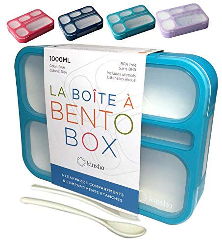 kinsho Bento Lunch-Box for Adults Kids Lunches, Portion Control Container Boxes for Women Girls Boys | Leak-proof Snack Containers, BPA-Free Utensils | Blue, Green, 5 Compartments