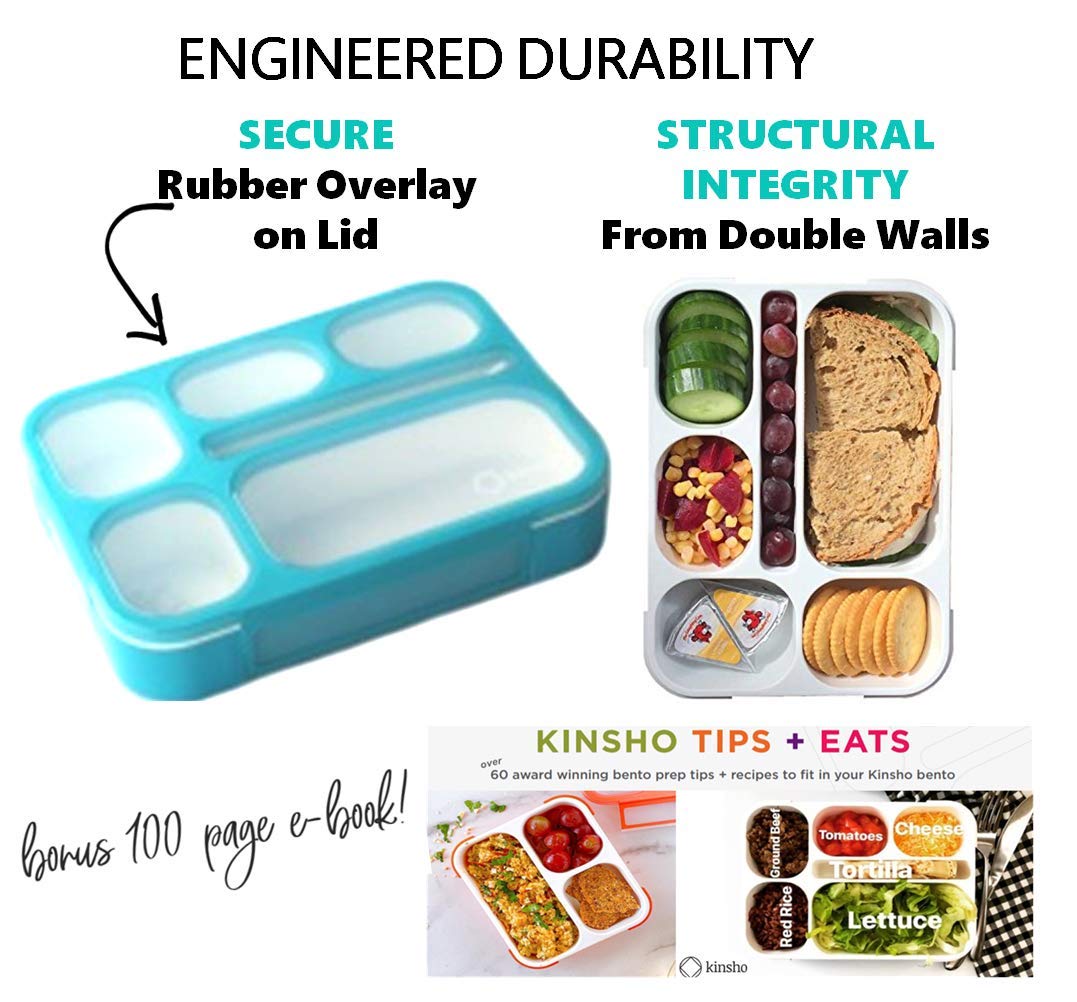 kinsho Bento Lunch-Box for Adults Kids Lunches, Portion Control Container Boxes for Women Girls Boys | Leak-proof Snack Containers, BPA-Free Utensils | Blue, Green, 5 Compartments