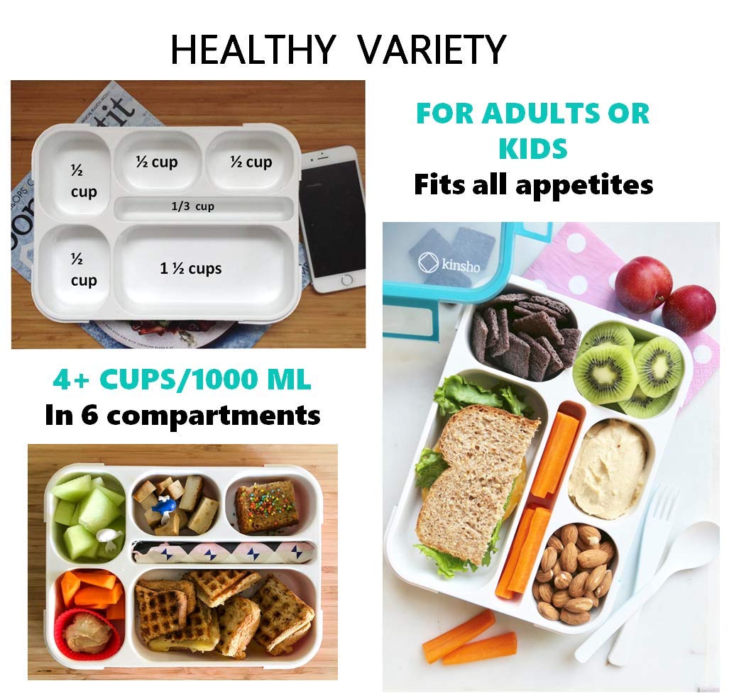 kinsho Bento Lunch-Box for Adults Kids Lunches, Portion Control Container Boxes for Women Girls Boys | Leak-proof Snack Containers, BPA-Free Utensils | Blue, Green, 5 Compartments