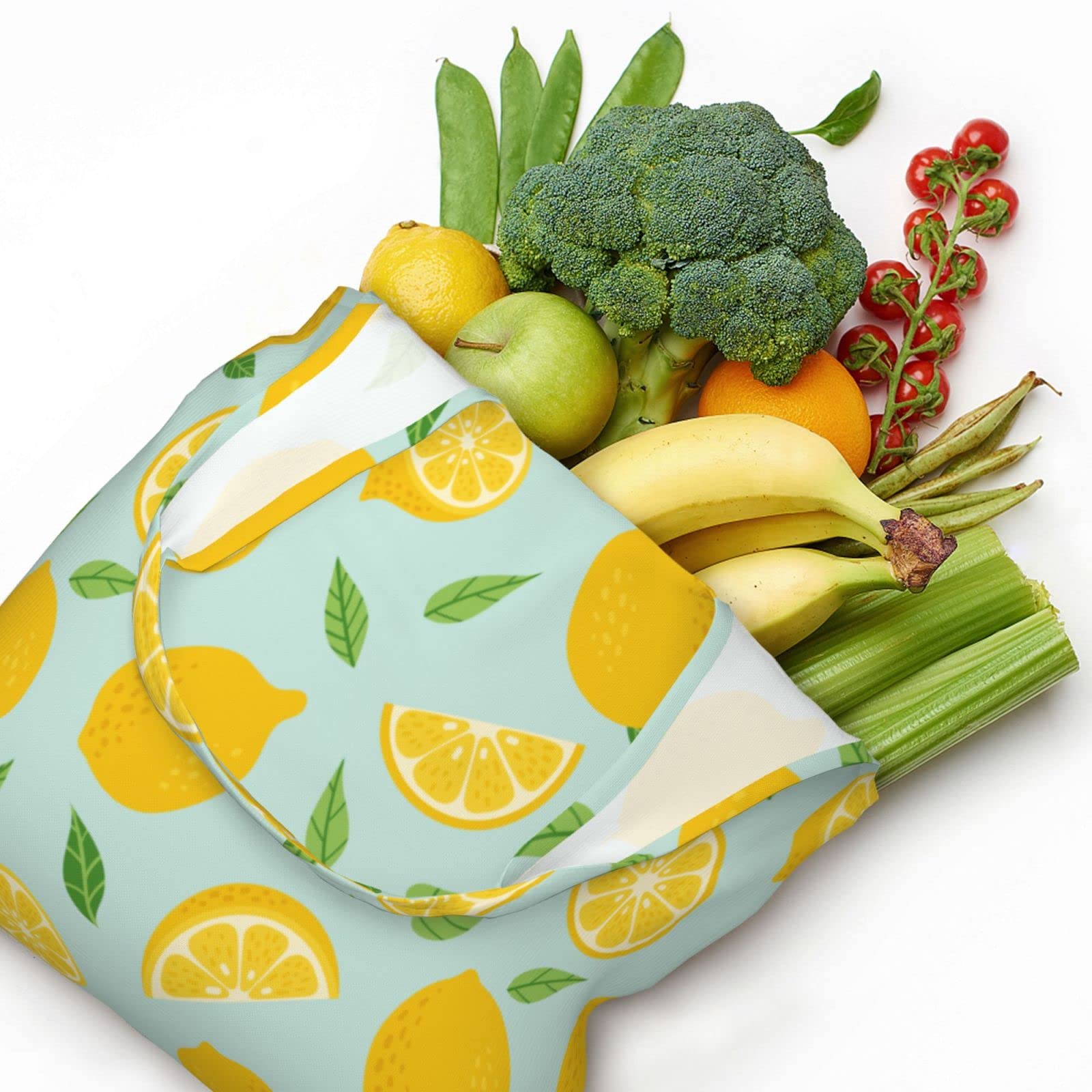 WOAIDY Lemon Reusable Grocery Bags, 50lbs Foldable Durable Shopping Totes With Handles Large Washable Bags