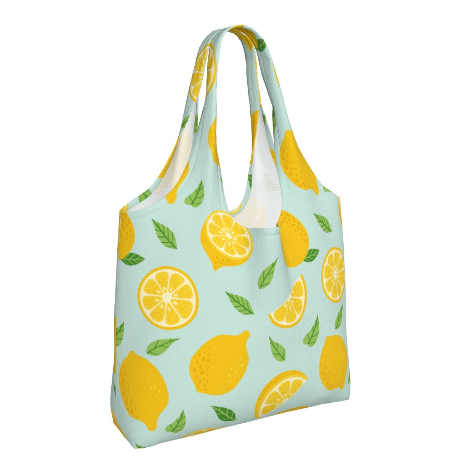 WOAIDY Lemon Reusable Grocery Bags, 50lbs Foldable Durable Shopping Totes With Handles Large Washable Bags