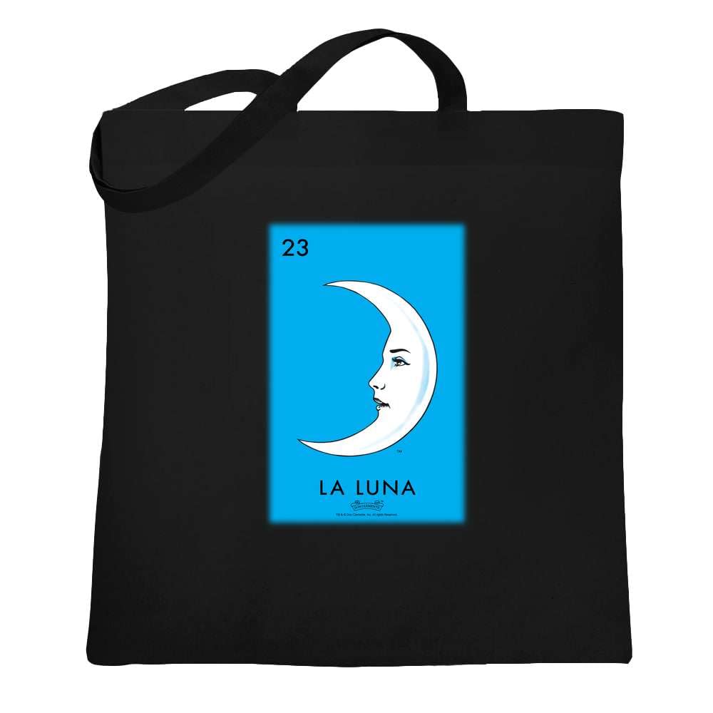 Pop Threads La Luna Moon Loteria Card Mexican Bingo Latina Graphic Tote Bag for Adults Black 15x15 inches