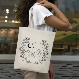 SAUIVD Mountain Moon Flowers Cotton Canvas Tote Bag Mountains Wreath Handbag for Party Grocery Shopping Market