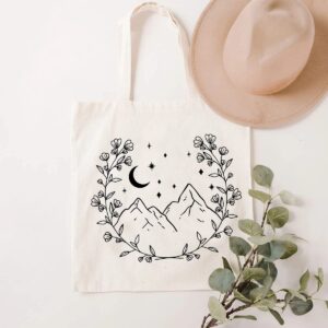 SAUIVD Mountain Moon Flowers Cotton Canvas Tote Bag Mountains Wreath Handbag for Party Grocery Shopping Market