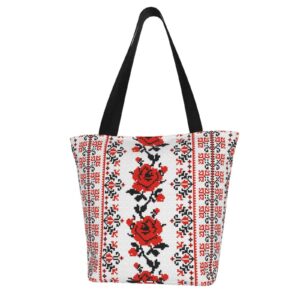 antkondnm ukrainian style rose tote bags shoulder bag with zipper for women,reusable gym picnic travel beach shopping work daily use shoppers tote