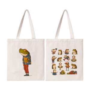 theyge cute frog tote bag funny frogs tote bag for women cotton canvas bag shopping shoulder bag travel beach bag reusable grocery bag