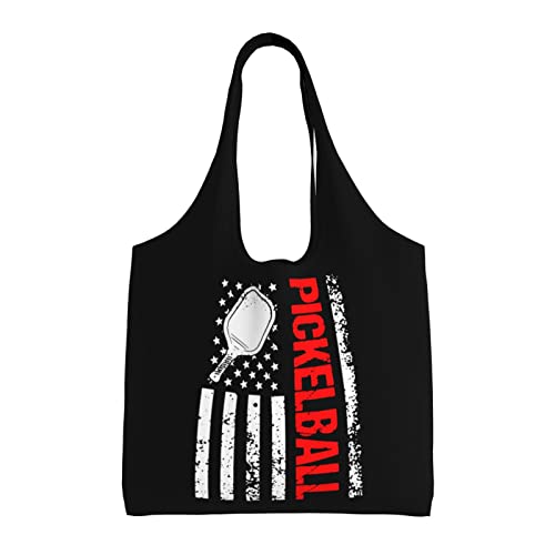 American Flag Pickleball Pickleball Canvas Shoulder Tote Bags Reusable Handbags Shopping Bag For Daily Women Or Men