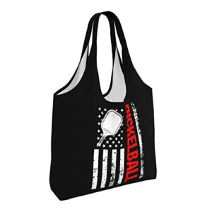 American Flag Pickleball Pickleball Canvas Shoulder Tote Bags Reusable Handbags Shopping Bag For Daily Women Or Men