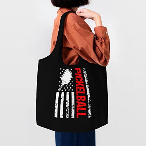 American Flag Pickleball Pickleball Canvas Shoulder Tote Bags Reusable Handbags Shopping Bag For Daily Women Or Men