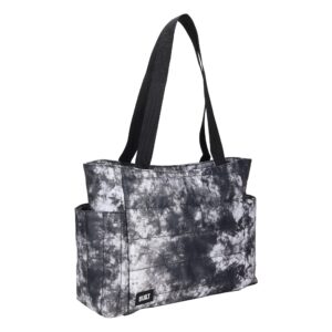 built puffer tote lunch bag lightweight, insulated and reusable, black and white nightfall tie dye, 11 can capacity