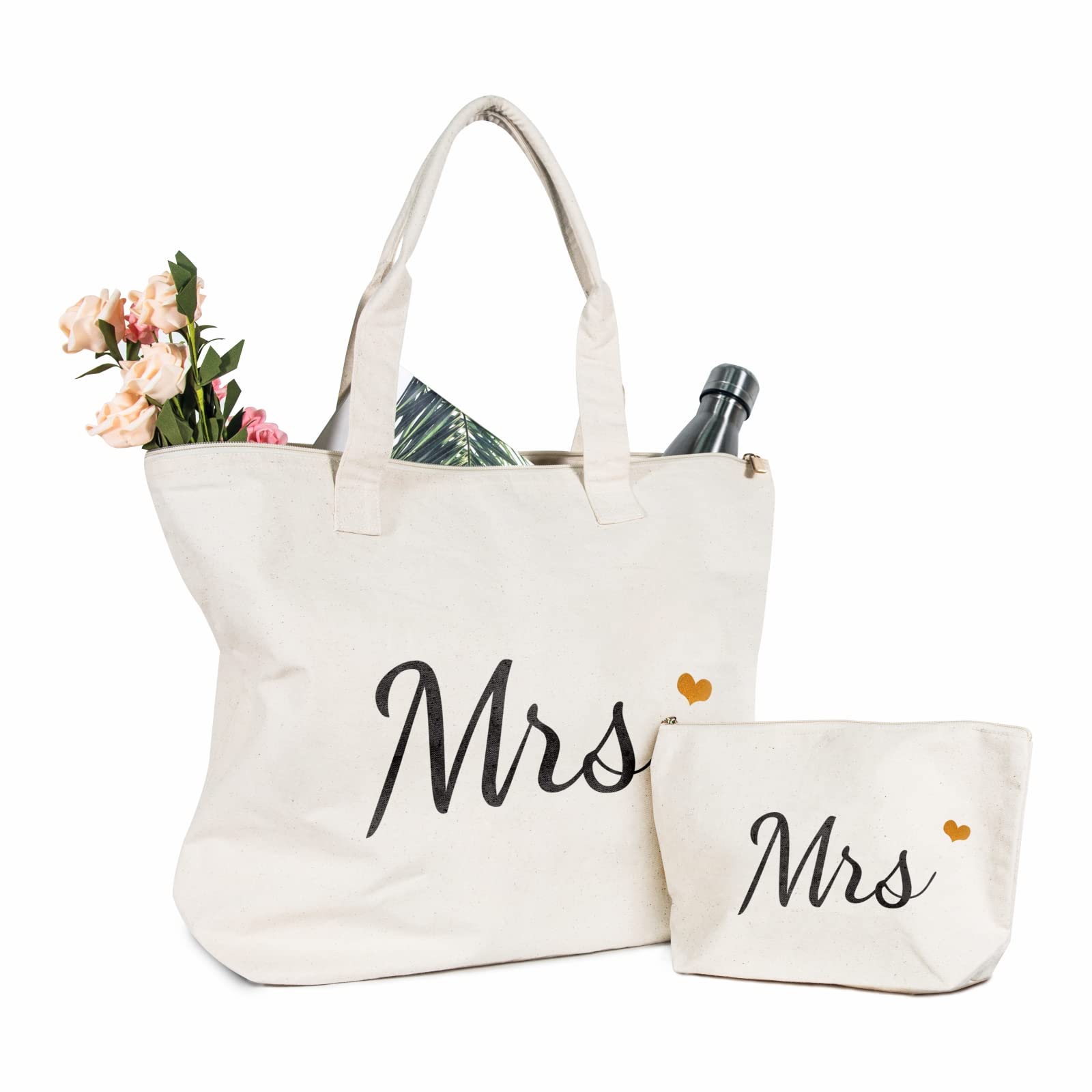 TOPDesign Canvas Tote bag with Zipper, Gifts for Bride, Bride to Be, Mrs on Bridal Shower Bachelorette Party Engagement, Present for Wedding, Anniversary, Birthday, Valentines Day