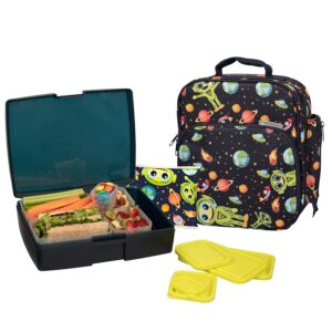 bentology lunch bag and box set for boys, 9 pieces total - kids insulated lunchbox tote, bento box, 5 containers and ice pack - alien