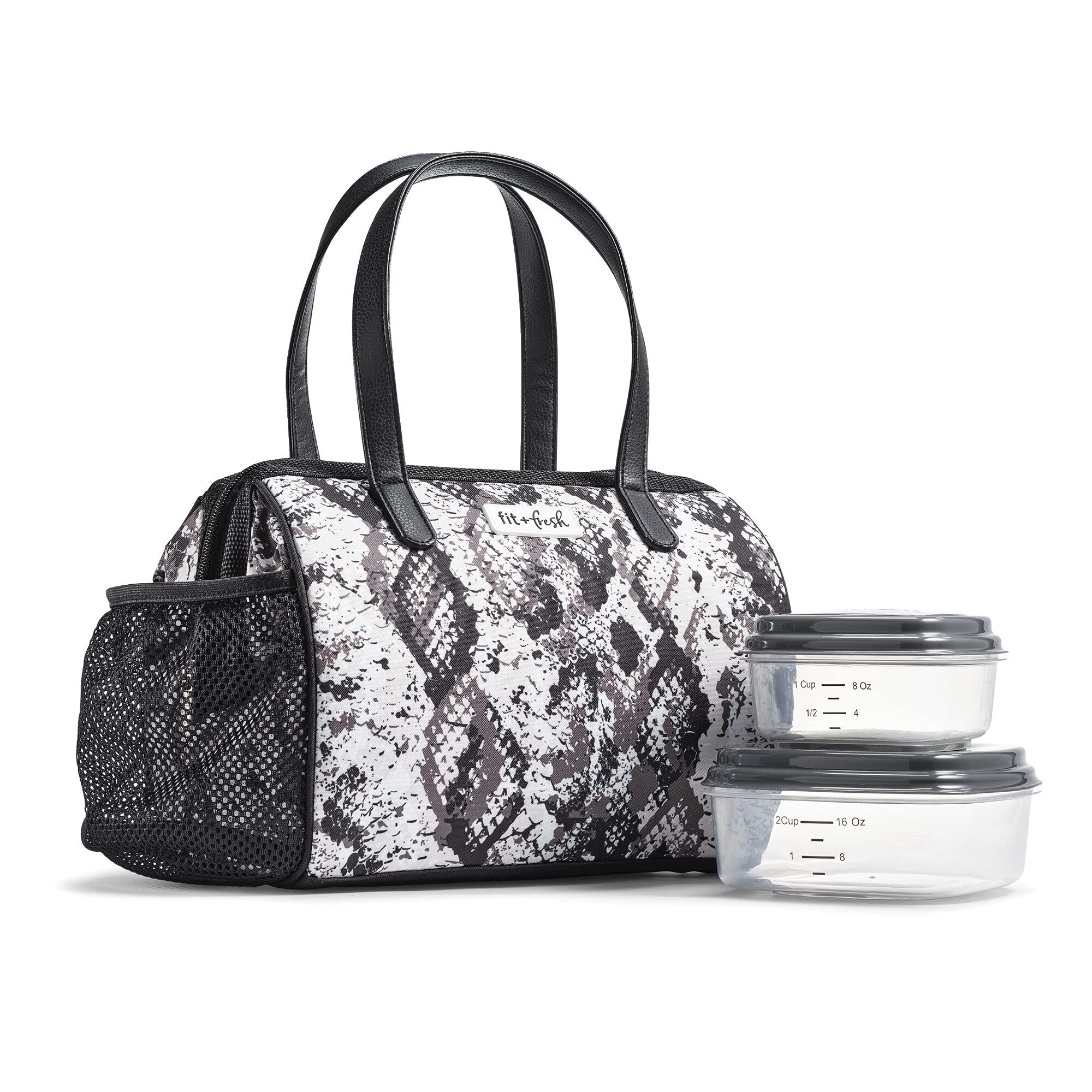 Fit & Fresh Cloverdale Adult Insulated Lunch Bag with Side Pouch & Carry Handles, Complete Lunch Kit Includes 2 Containers, Snakeskin