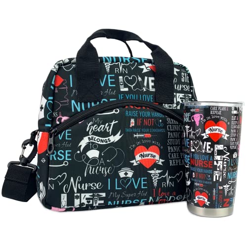 Nurse Insulated Lunch Bag Kit with 20oz Tumbler Cups with Lid, Reusable Large Lunch Box Bag with Adjustable Shoulder Strap for Work Picnic Travel, 2-Piece Gift for Nurses