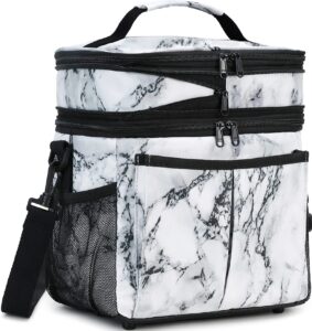 large insulated lunch bag women men dual compartment reusable lunch box soft portable leakproof cooler bag with removable adjustable shoulder strap (marble)