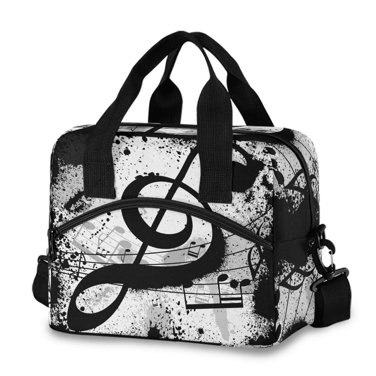 Sinestour Music Notes Insulated Lunch Bag Gunge Black Reusable Cooler Lunch Box Adjustable Shoulder Strap for School Office Picnic Adults Men Women