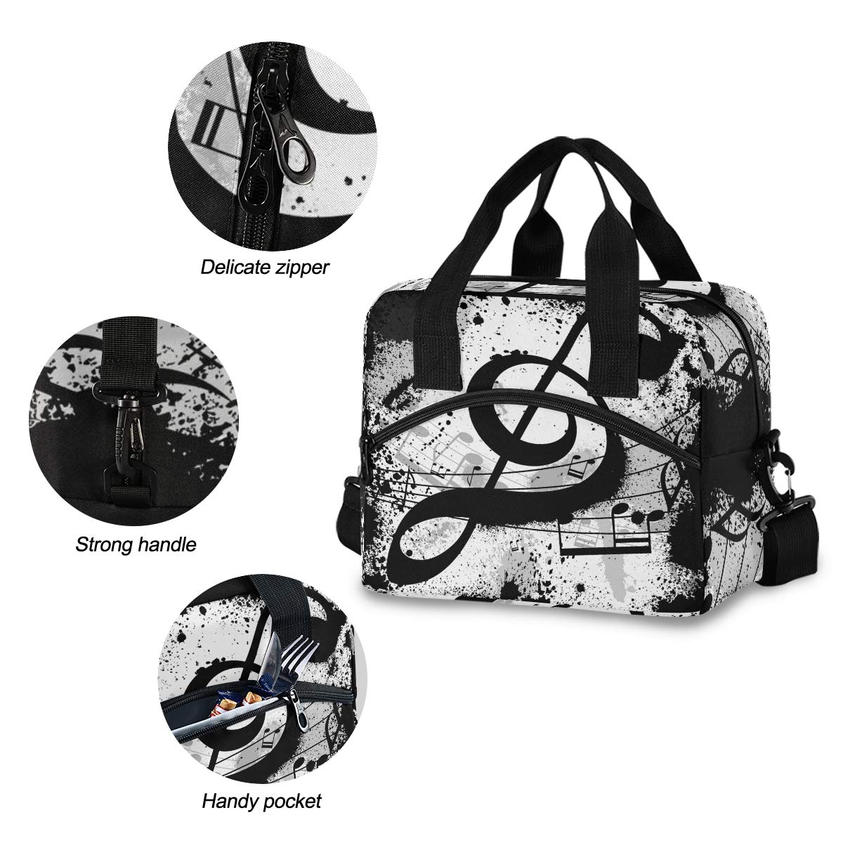 Sinestour Music Notes Insulated Lunch Bag Gunge Black Reusable Cooler Lunch Box Adjustable Shoulder Strap for School Office Picnic Adults Men Women