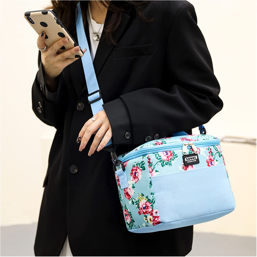 Cute Lunch Box for Adult Insulated Lunch Bag For Women Office Work Travel Fit Fresh Thermal Hot Lunchbox With Shoulder Strap Soft Cute Lunch Pail-Blue