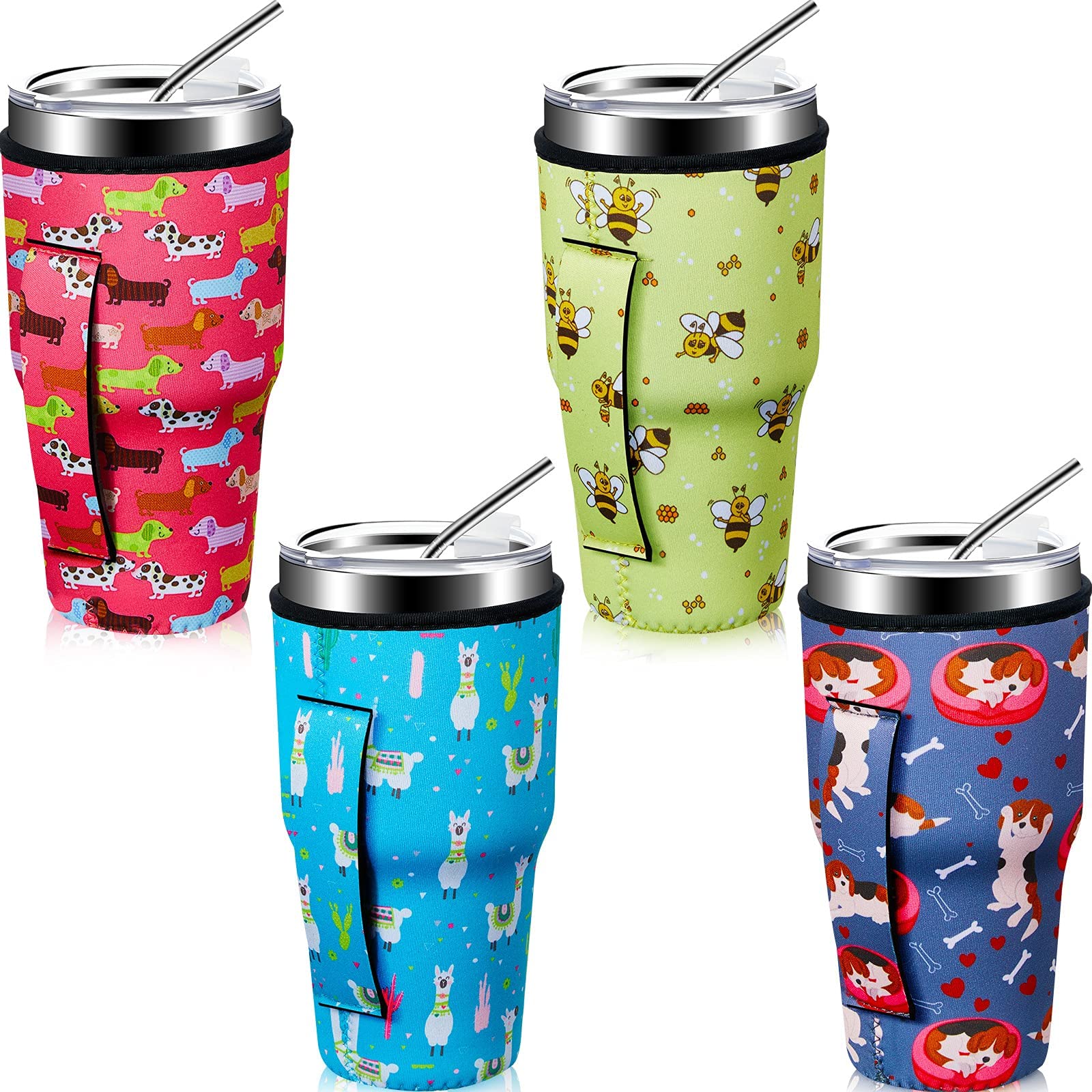 4 Pieces Patelai Reusable Iced Coffee Sleeve Neoprene Insulated Thermocoolers Sleeves Cup Cover Holders Christmas Drinks Sleeve Holder for 30-32 oz Cold Hot Beverages, 4 Styles