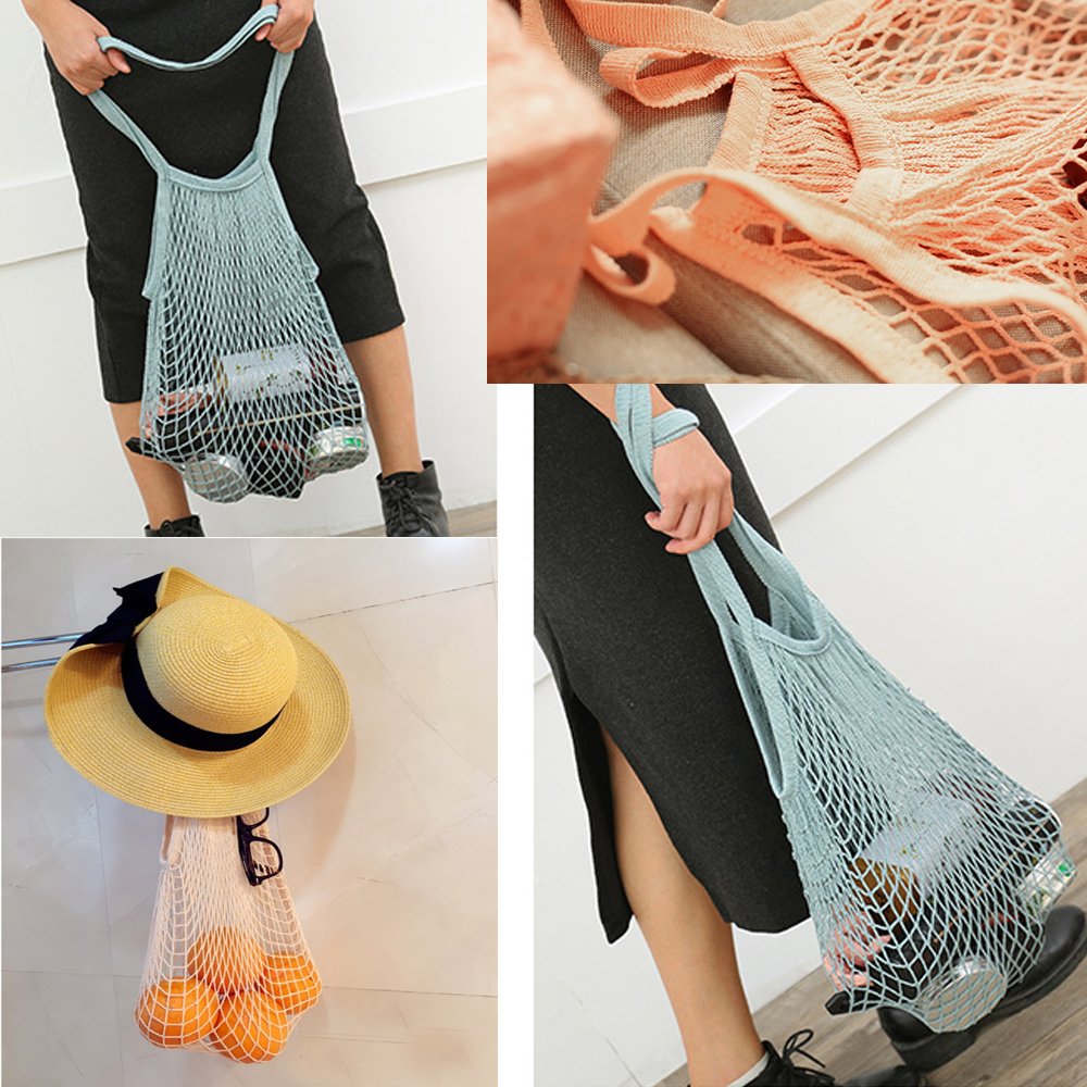 YEKEYI 2Pcs Portable Reusable Mesh Cotton Net String Bag Organizer Shopping Tote Handbag Fruit Storage Shopper NEW (BLACK,BEIGE)