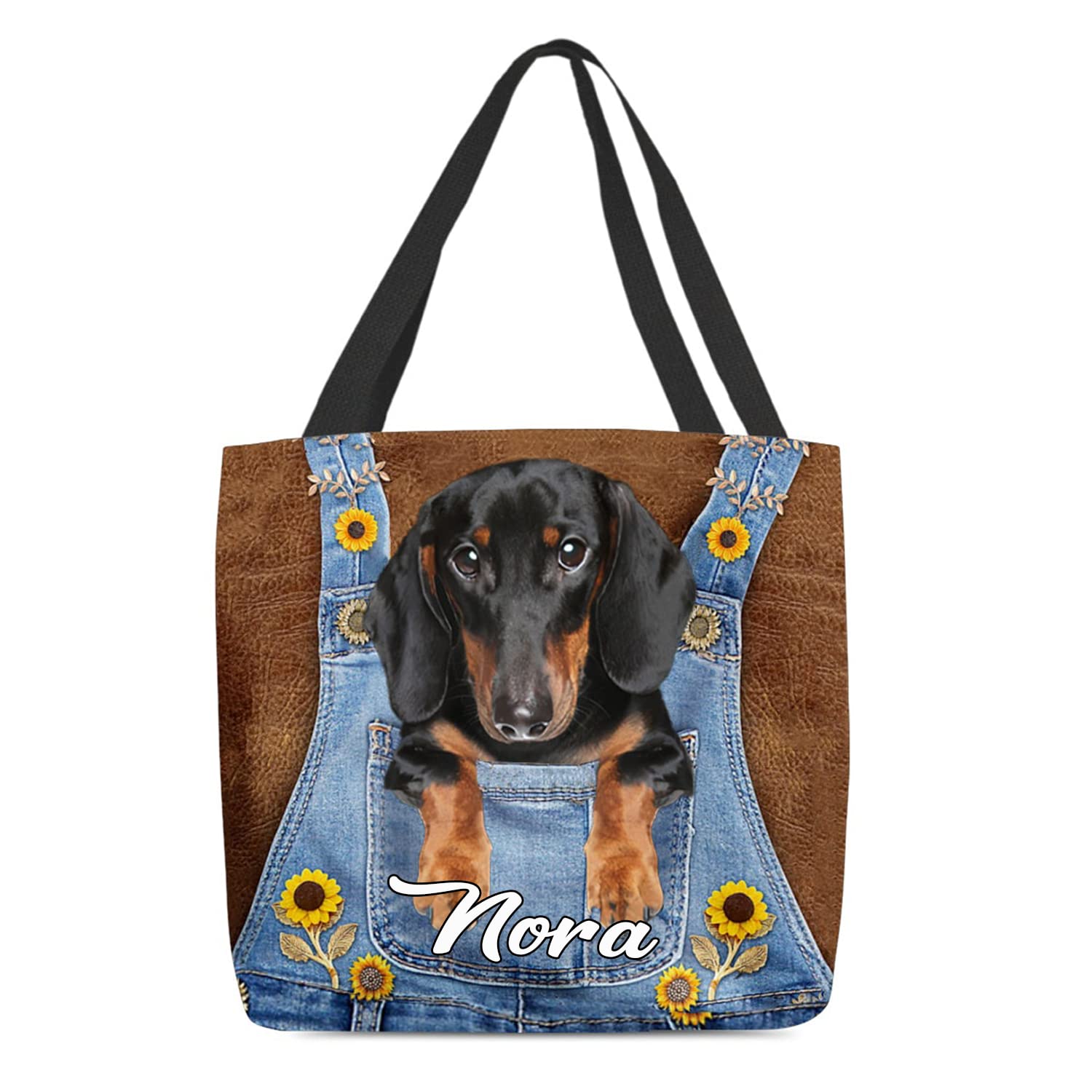 IZI POD Personalized Dachshund with Sunflower Tote Bag - Custom Tote Bags with Name, Gift for Dog Mom, Women Bag Shoulder, Canvas Tote Grocery, Gift for Dog Lover, Girl Shopping Handbag