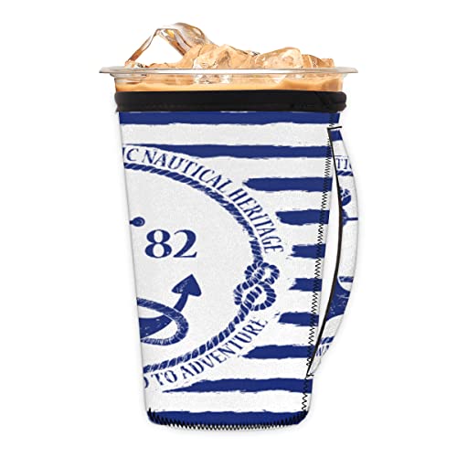 Nautical Navy Reusable Iced Coffee Sleeve Cold Beverage Coozies Compatible£¬Blue Striped Anchor Cup Sleeve with Handle Machine Washable for Most Coffee Drinks Fits 24-28 oz Coffee Cups