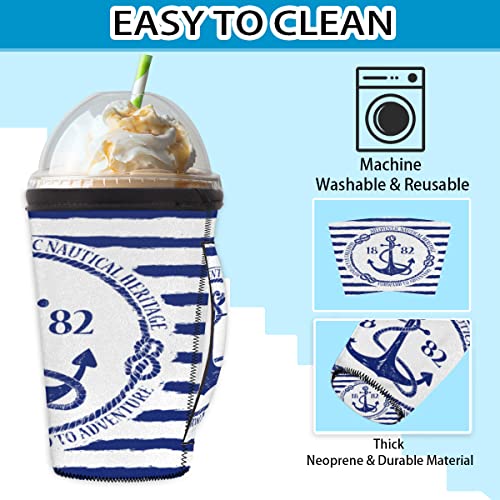 Nautical Navy Reusable Iced Coffee Sleeve Cold Beverage Coozies Compatible£¬Blue Striped Anchor Cup Sleeve with Handle Machine Washable for Most Coffee Drinks Fits 24-28 oz Coffee Cups