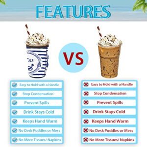 Nautical Navy Reusable Iced Coffee Sleeve Cold Beverage Coozies Compatible£¬Blue Striped Anchor Cup Sleeve with Handle Machine Washable for Most Coffee Drinks Fits 24-28 oz Coffee Cups