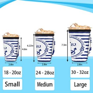 Nautical Navy Reusable Iced Coffee Sleeve Cold Beverage Coozies Compatible£¬Blue Striped Anchor Cup Sleeve with Handle Machine Washable for Most Coffee Drinks Fits 24-28 oz Coffee Cups