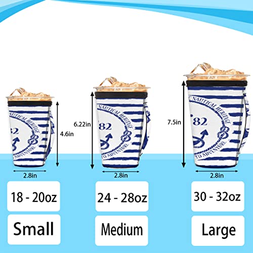 Nautical Navy Reusable Iced Coffee Sleeve Cold Beverage Coozies Compatible£¬Blue Striped Anchor Cup Sleeve with Handle Machine Washable for Most Coffee Drinks Fits 24-28 oz Coffee Cups