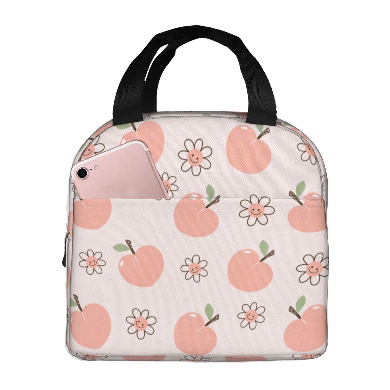 Echoserein Peach Fruit Happy Flower Pink Lunch Bag For Women Girls Insulated Lunch Box Reusable Lunchbox Waterproof Portable Lunch Tote