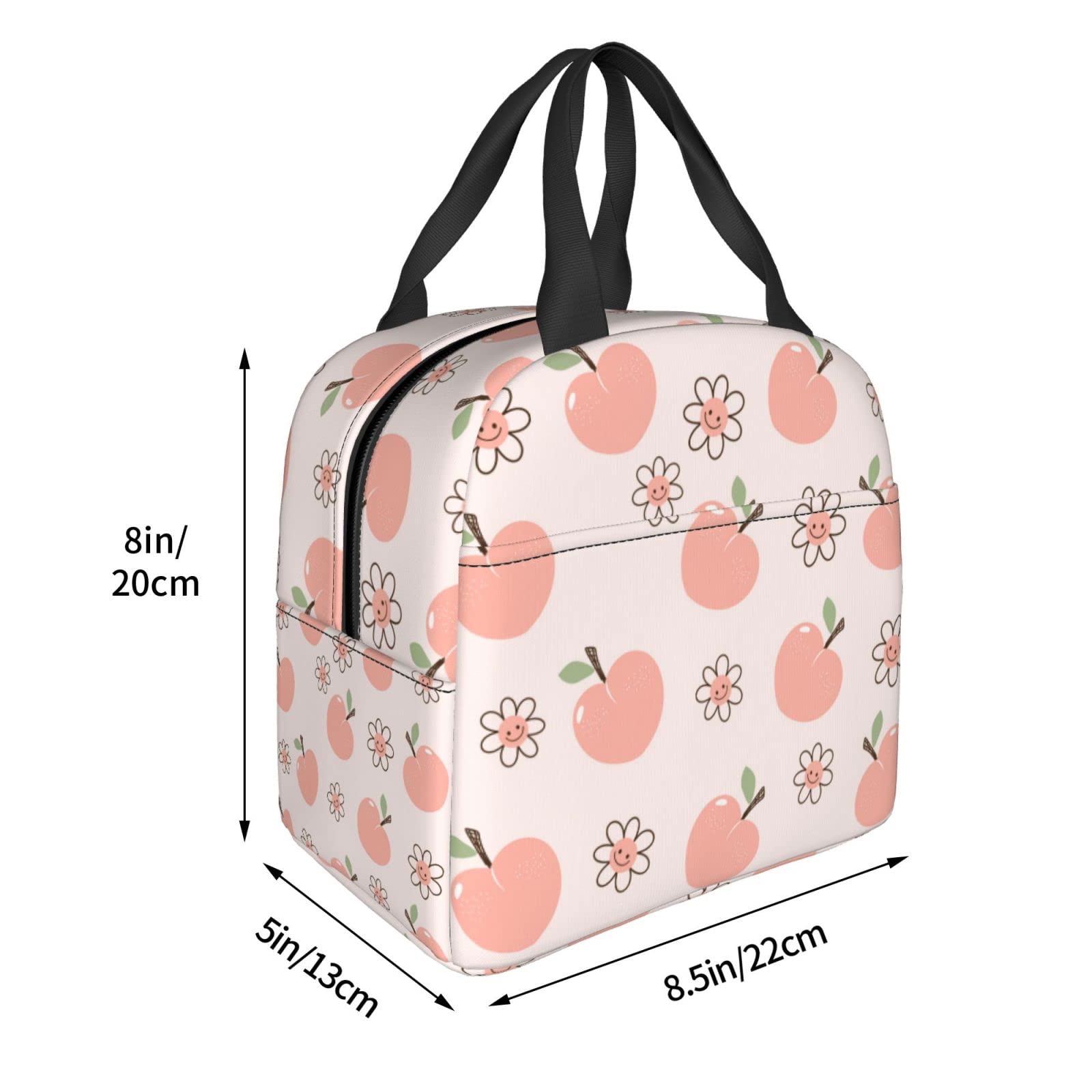 Echoserein Peach Fruit Happy Flower Pink Lunch Bag For Women Girls Insulated Lunch Box Reusable Lunchbox Waterproof Portable Lunch Tote