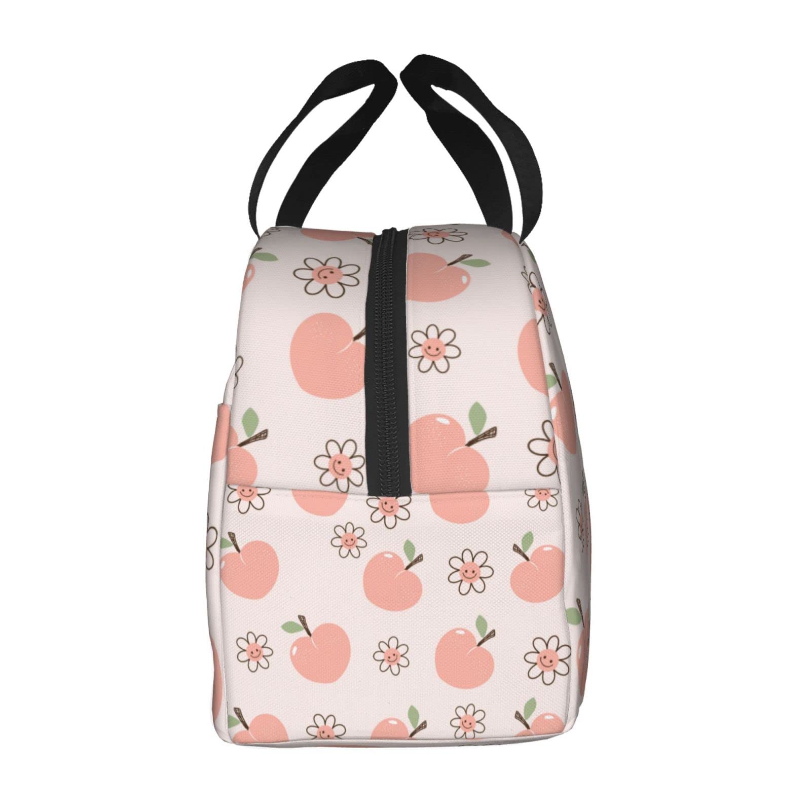 Echoserein Peach Fruit Happy Flower Pink Lunch Bag For Women Girls Insulated Lunch Box Reusable Lunchbox Waterproof Portable Lunch Tote