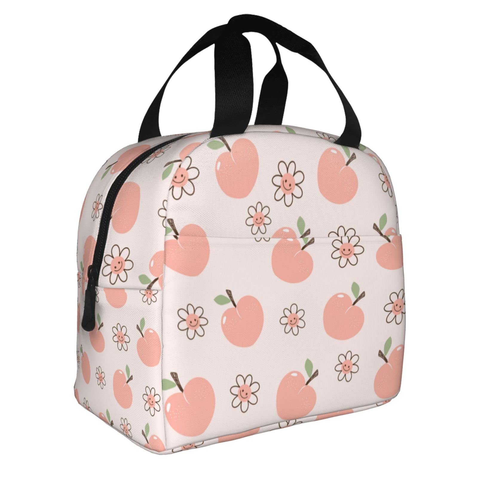 Echoserein Peach Fruit Happy Flower Pink Lunch Bag For Women Girls Insulated Lunch Box Reusable Lunchbox Waterproof Portable Lunch Tote