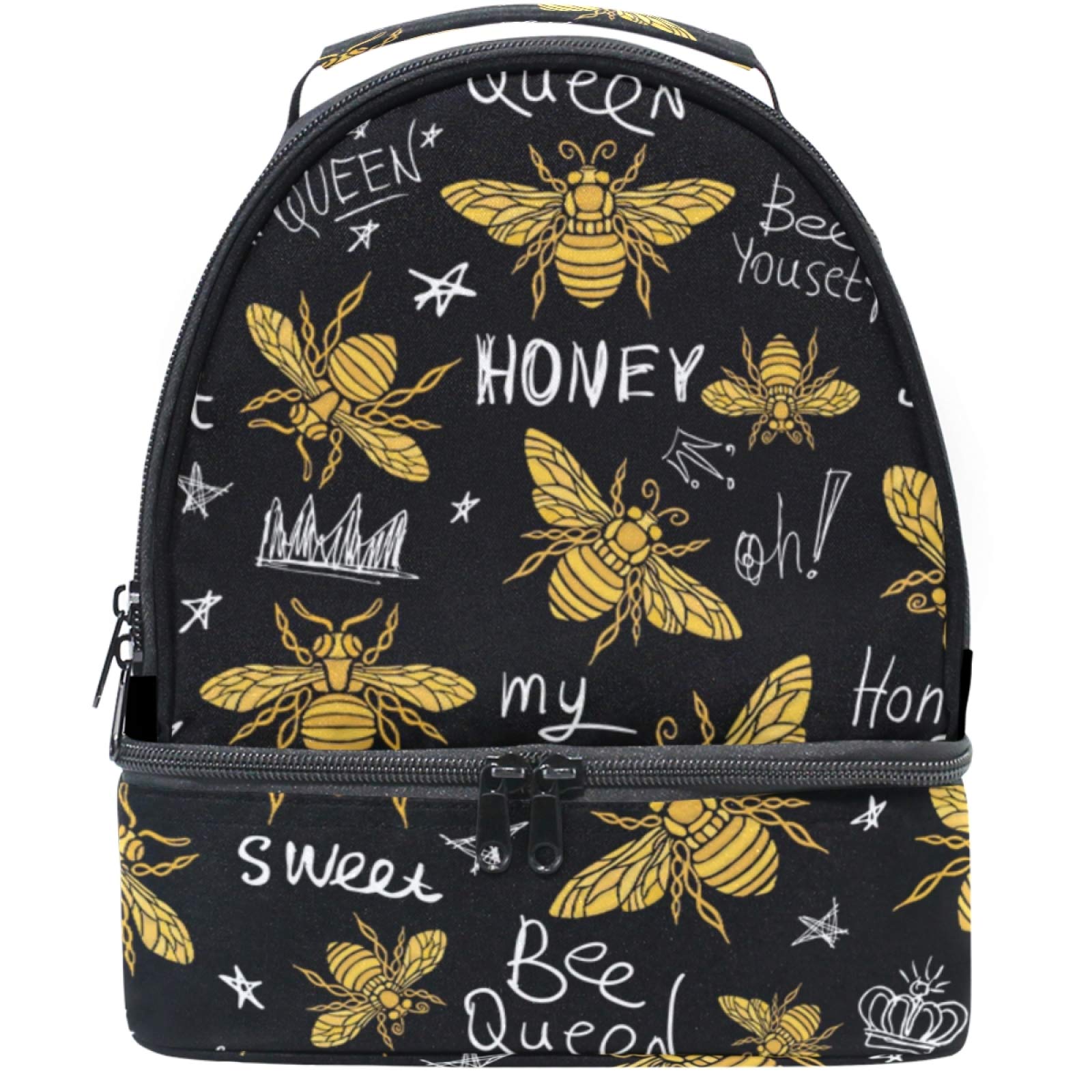 Naanle Golden Honey Bee Animal Lunch Bags for Women Men Youth Lunch Boxes Insulated Lunch Bag with Shoulder Strap Double Decker Dual Compartment Waterproof Reusable Lightweight tote bag