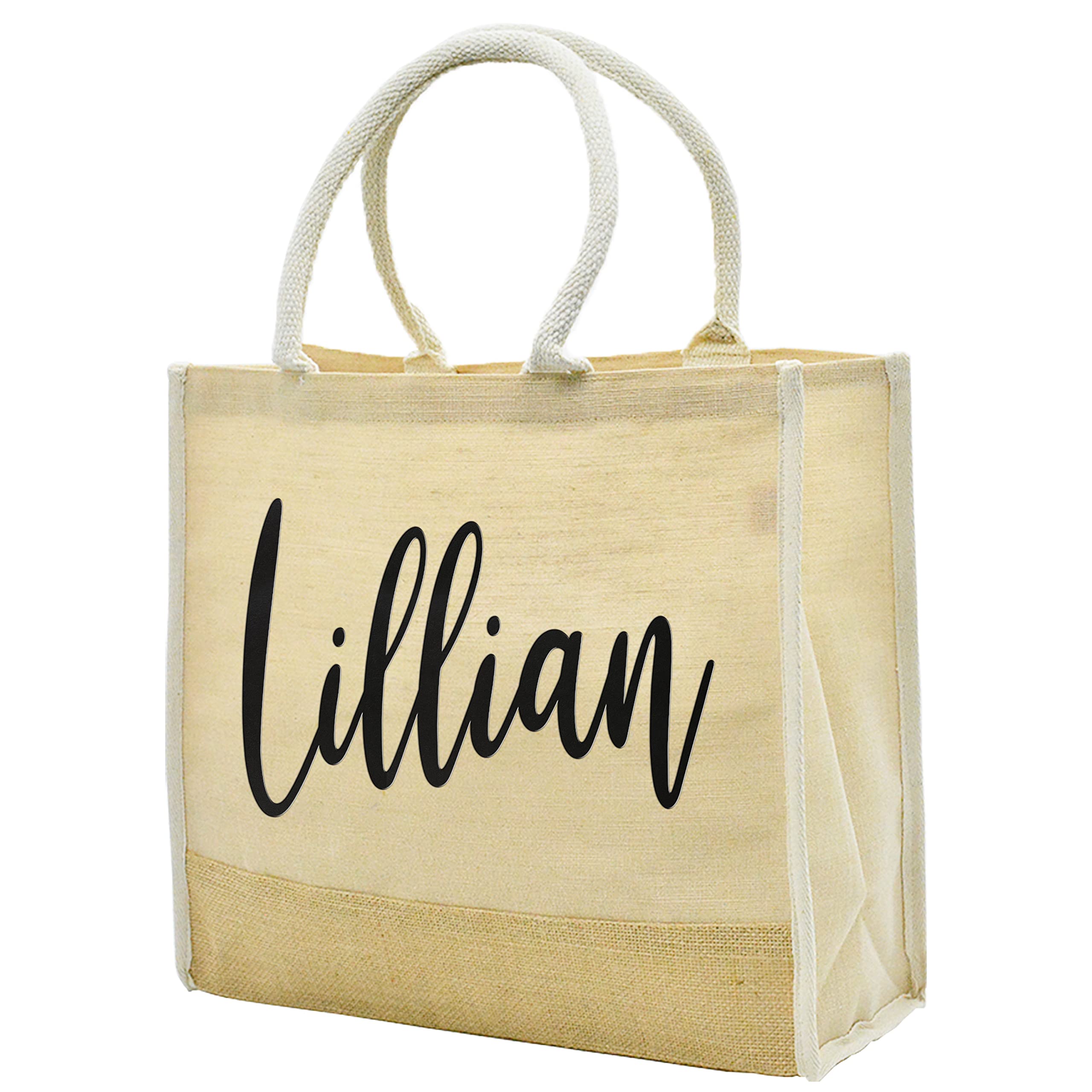 Personalized Beach Tote Bags Gifts w/Name - 17 Vinyl Colors 15x14 Inches - Custom Canvas Handbags Gift for Womens - Customized Large Natural Jute Bags for Girls - Large Burlap Summer Bags w/Gusset C1