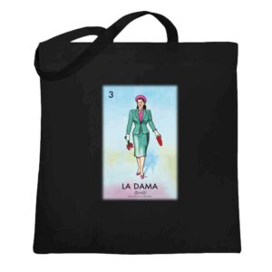 pop threads la dama woman lady loteria card mexican bingo black 15x15 inches large canvas tote bag