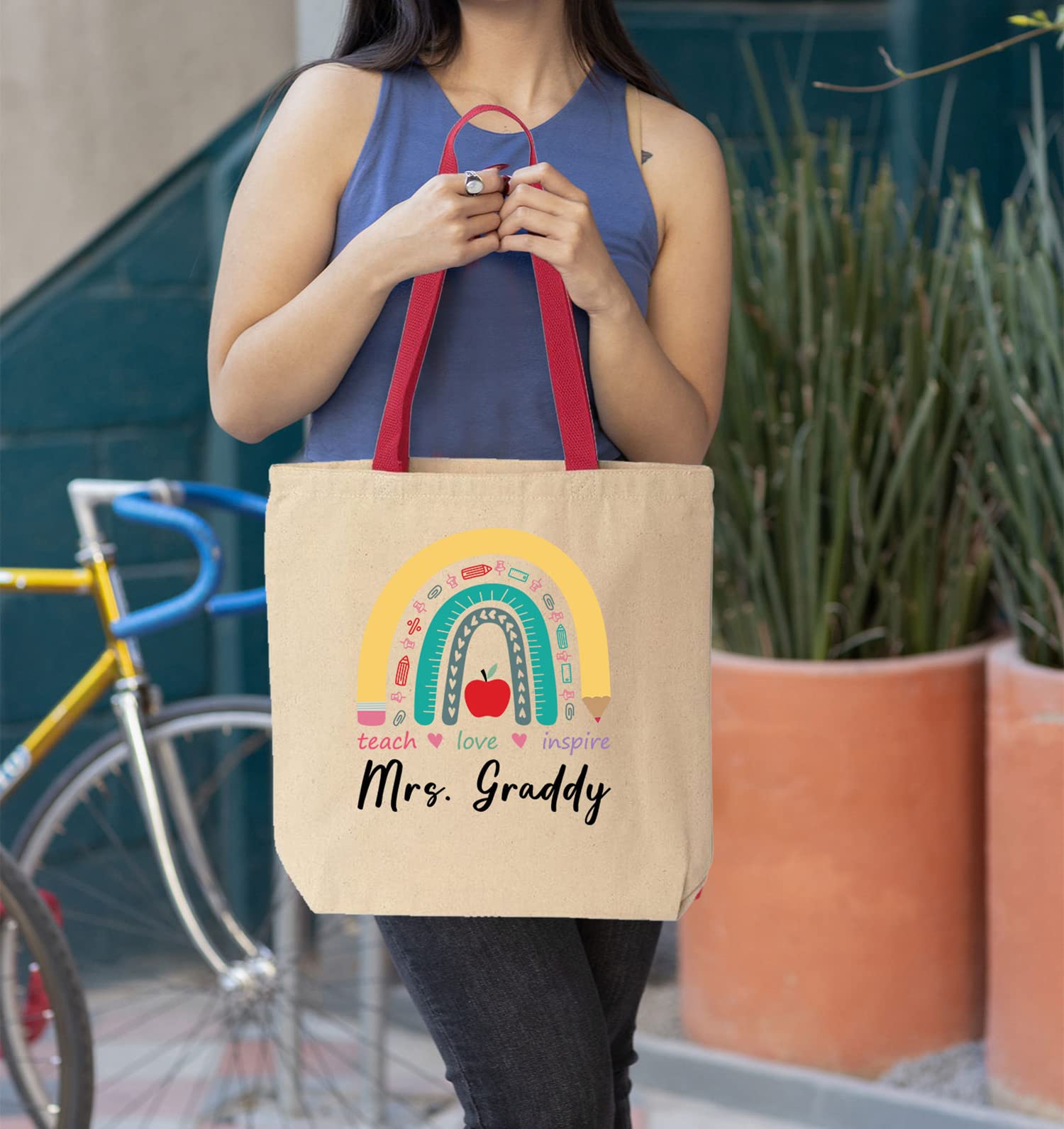 shop4ever® Custom Personalized Teacher Teach Love Inspire Rainbow Cotton Canvas Tote Reusable Shopping Bag Natural - Red 1 Pack