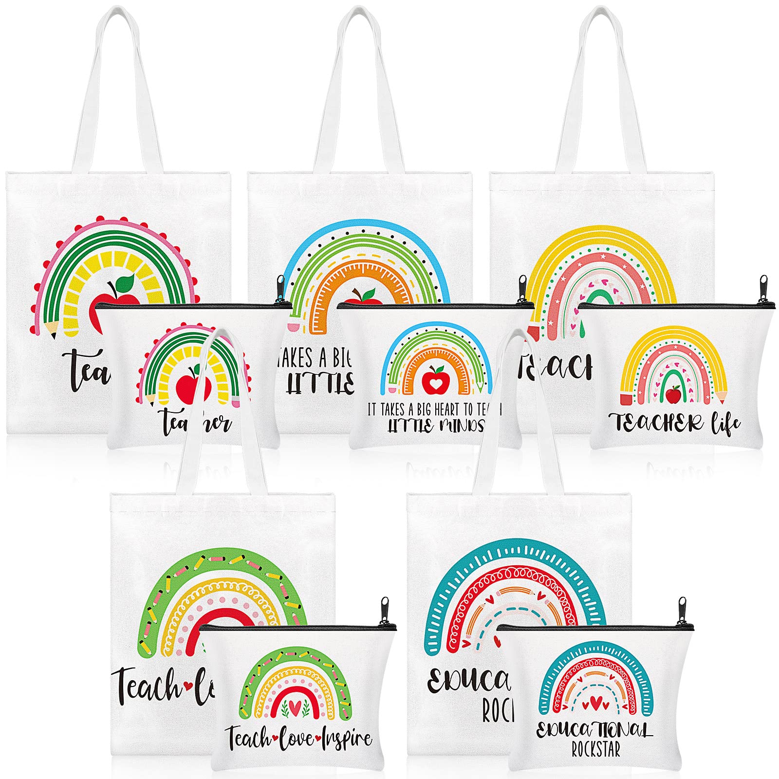 Amylove 10 Pcs Teacher Gift Bags Set Teacher Graduation Appreciation Gifts for Women Christmas Gift 5 Teacher Rainbow Canvas Totes Bag 5 Teacher Makeup Cosmetic Bags