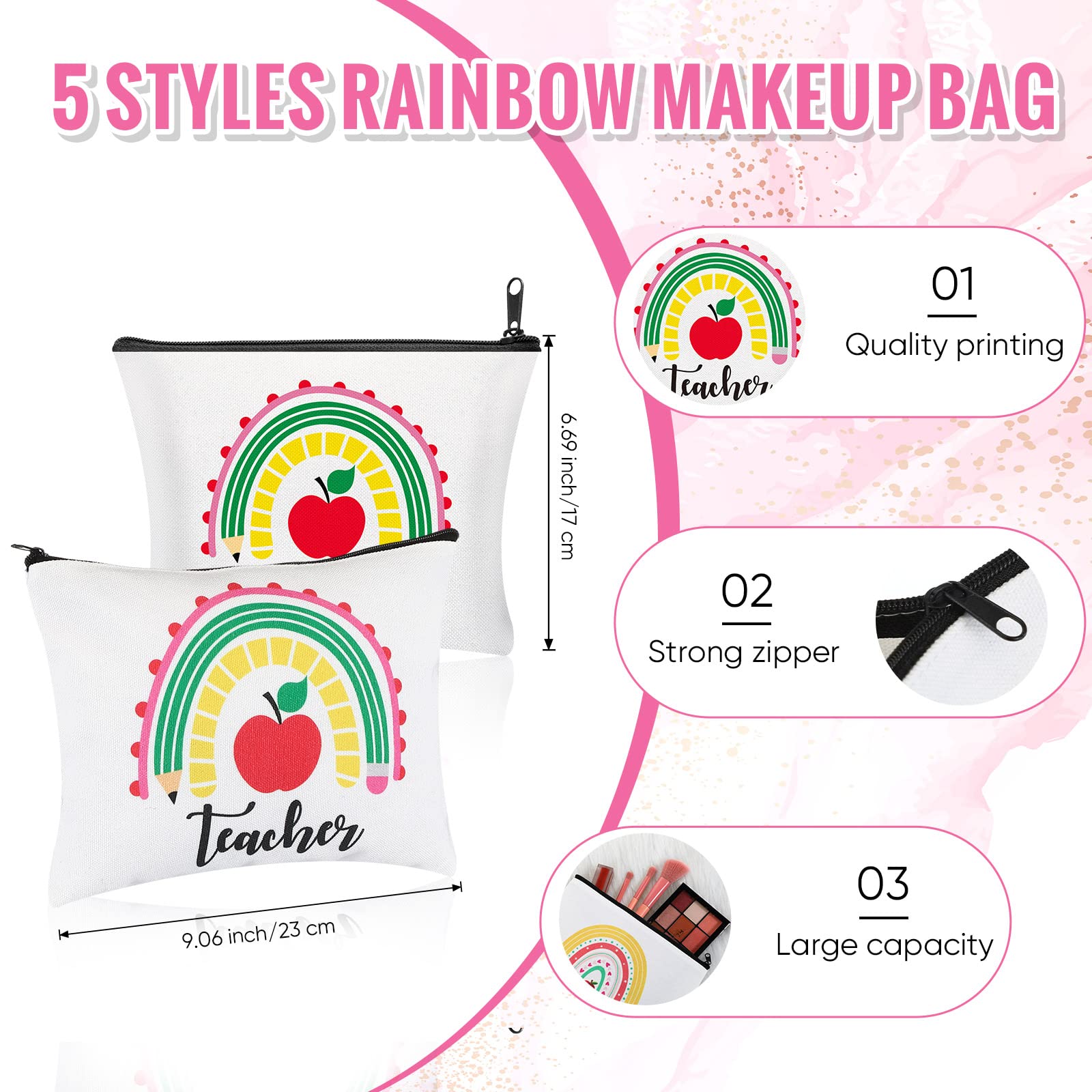 Amylove 10 Pcs Teacher Gift Bags Set Teacher Graduation Appreciation Gifts for Women Christmas Gift 5 Teacher Rainbow Canvas Totes Bag 5 Teacher Makeup Cosmetic Bags