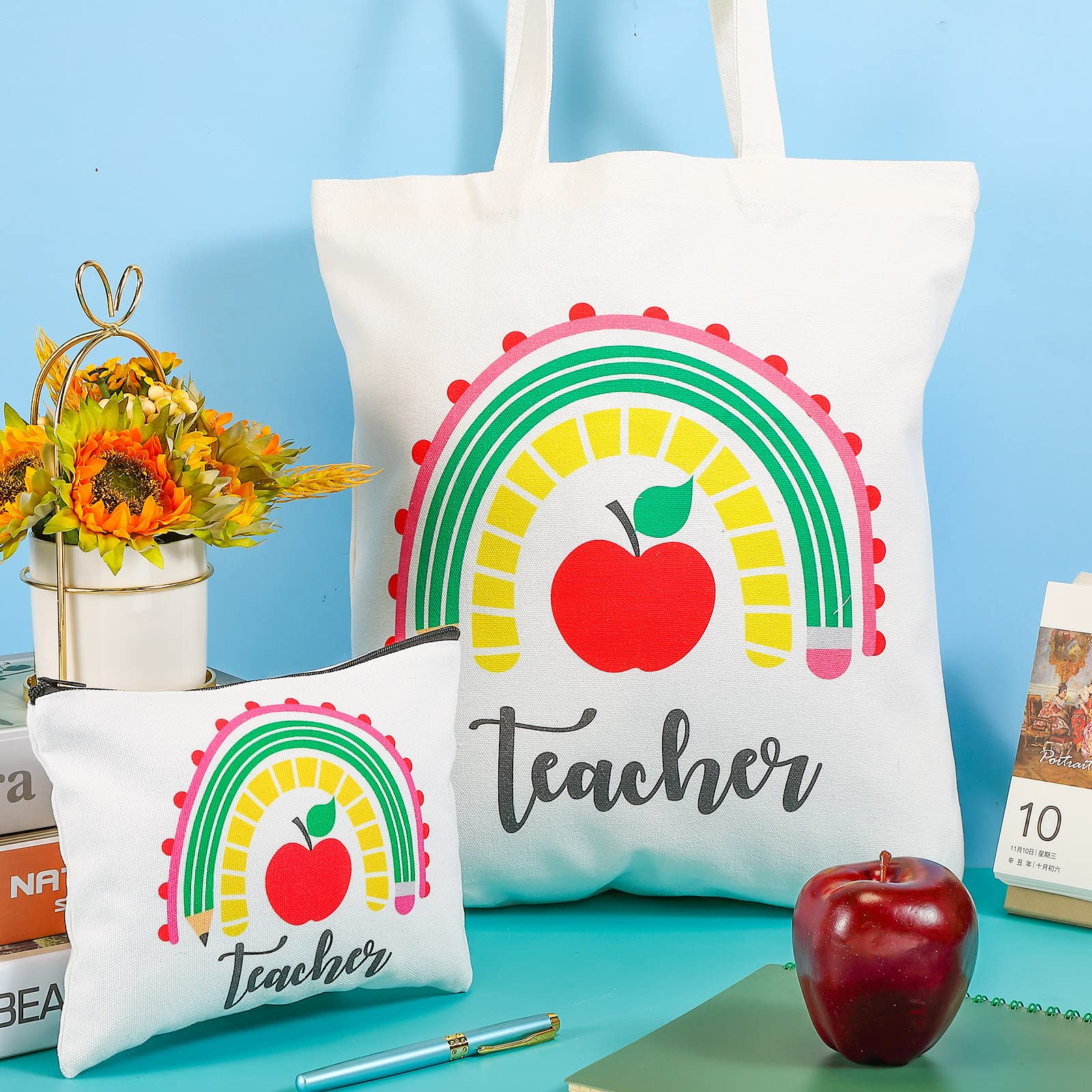 Amylove 10 Pcs Teacher Gift Bags Set Teacher Graduation Appreciation Gifts for Women Christmas Gift 5 Teacher Rainbow Canvas Totes Bag 5 Teacher Makeup Cosmetic Bags