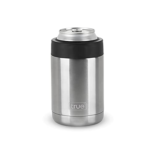 True Capsule Insulated Can Cooler Tumbler - Double Walled Stainless Steel Beverage Holder for Standard Cans and Bottles, Silver and Black, Set of 1