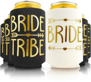 11pc set. bride tribe and bride drink coolers for bachelorette party, bridal shower and wedding. 4mm thick bottle sleeves, can coolies, beverage insulators (11pc set, black & gold)