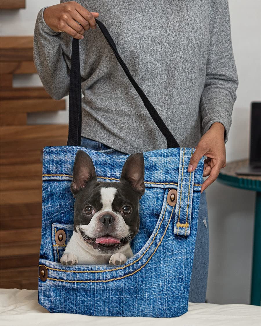 IZI POD NAZENTI Personalized Boston Terrier In Pocket Tote Bag - Custom Print Two Side Tote Bags with Name, Gift for Dog Mom, Women Bag Shoulder, Tote Grocery, Gift for Dog Lover, Girl Handbag