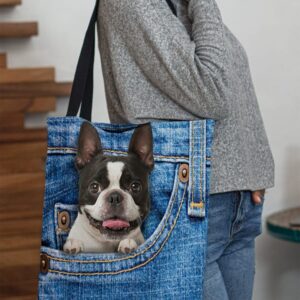 IZI POD NAZENTI Personalized Boston Terrier In Pocket Tote Bag - Custom Print Two Side Tote Bags with Name, Gift for Dog Mom, Women Bag Shoulder, Tote Grocery, Gift for Dog Lover, Girl Handbag