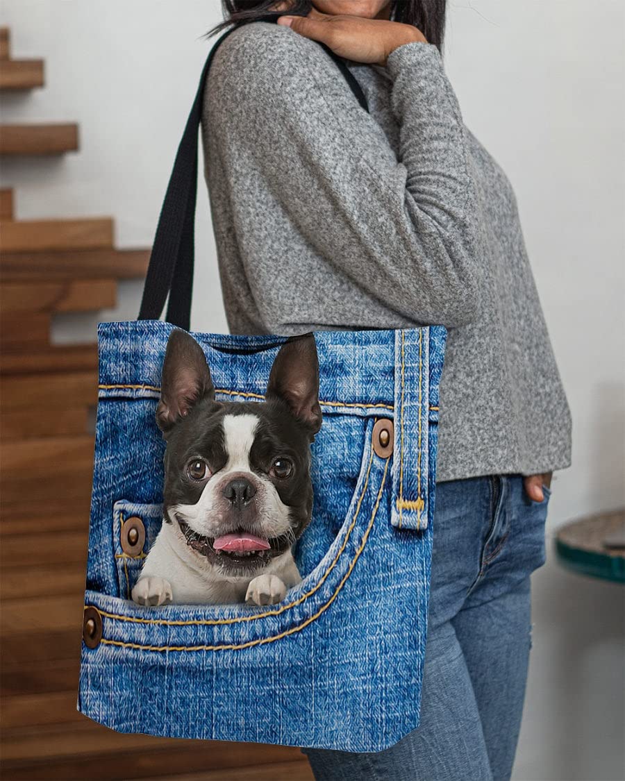 IZI POD NAZENTI Personalized Boston Terrier In Pocket Tote Bag - Custom Print Two Side Tote Bags with Name, Gift for Dog Mom, Women Bag Shoulder, Tote Grocery, Gift for Dog Lover, Girl Handbag