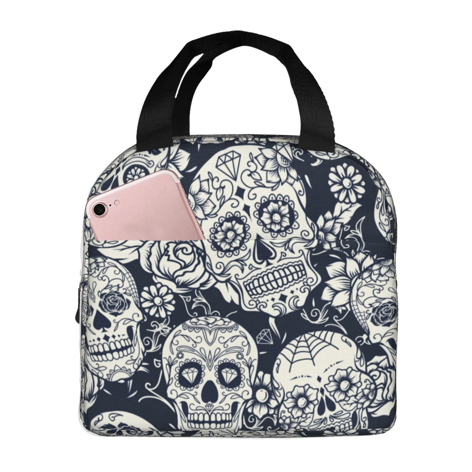 Duduho Floral Sugar Skull Lunch Bag Compact Halloween Tote Bag Reusable Lunch Box Container For Women Men School Office Work