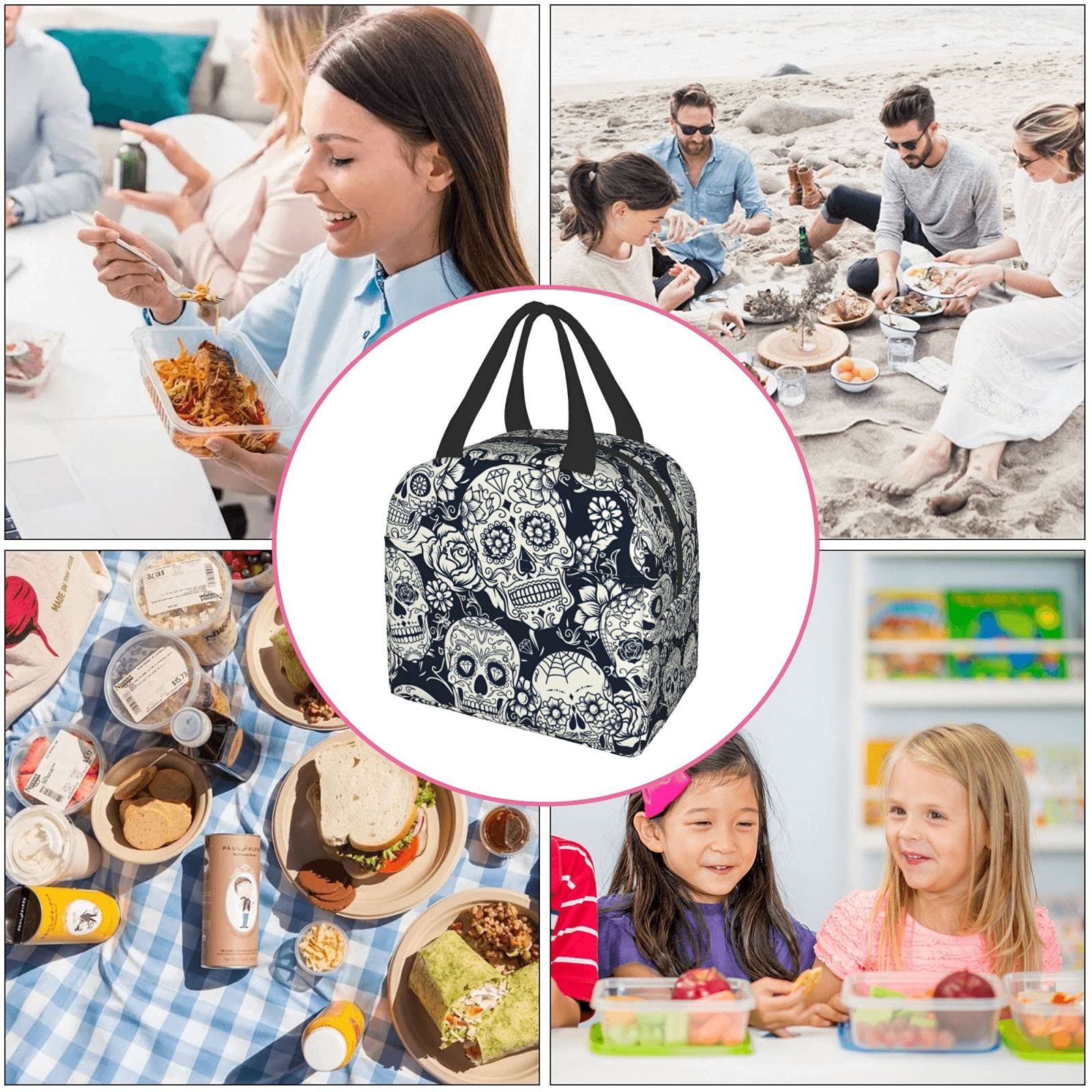 Duduho Floral Sugar Skull Lunch Bag Compact Halloween Tote Bag Reusable Lunch Box Container For Women Men School Office Work